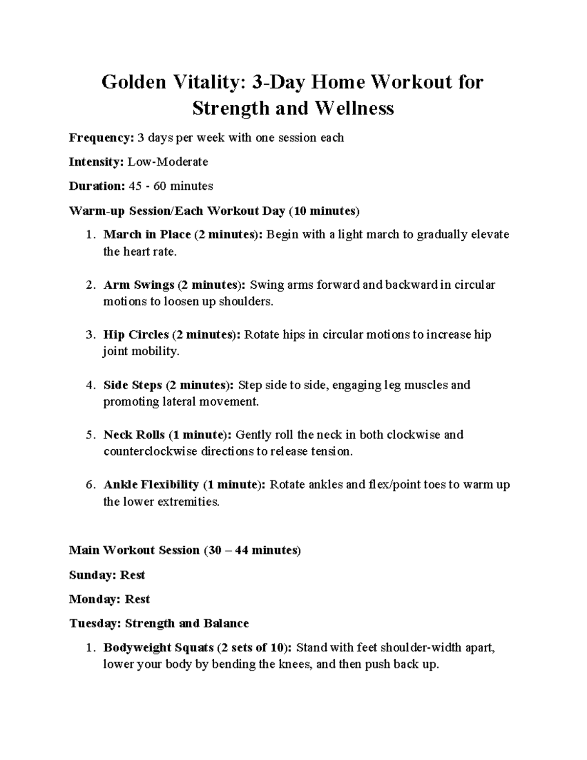 Golden V - 3-Day Home Workout Plan for Strength & Wellness - Studocu