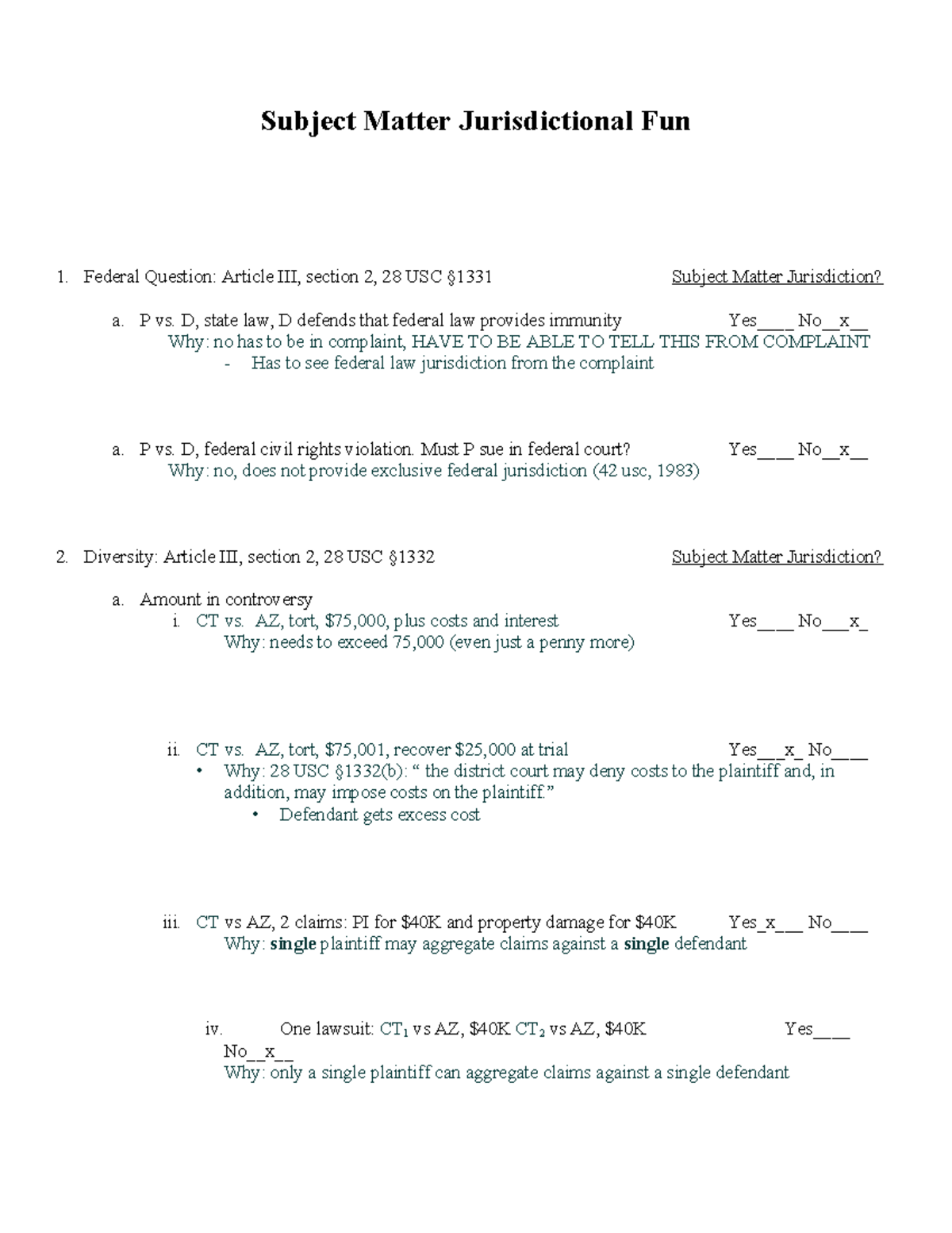 Subject Matter Jurisdiction Worksheet: Federal & Diversity Analysis ...