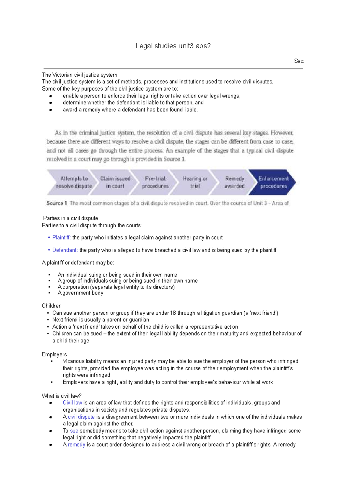 Legal Studies Unit 3&4: Key Summary Notes on Civil Justice System - Studocu