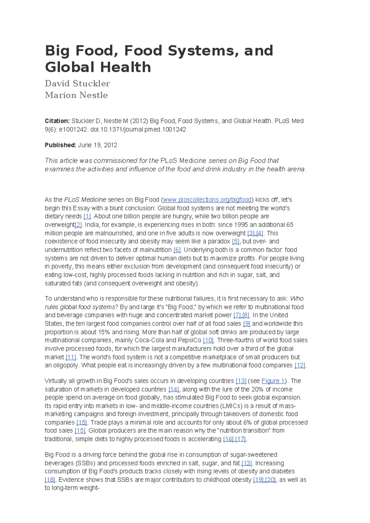 Big Food's Impact on Global Health Systems: A Critical Analysis (PLoS Med) - Studocu
