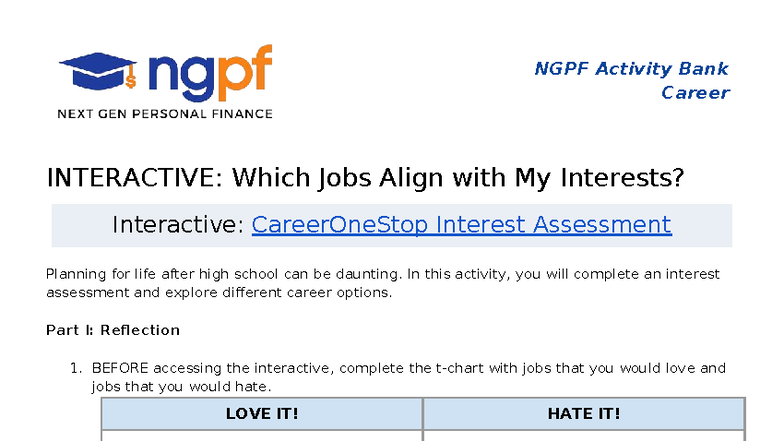 NGPF Activity Bank: Career Interest Assessment & Job Alignment - Studocu
