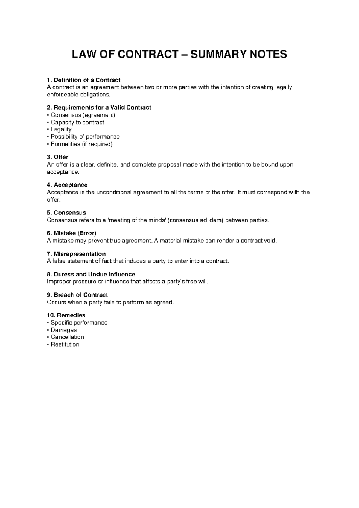 LAW OF CONTRACT SUMMARY NOTES: Key Concepts & Definitions - Studocu