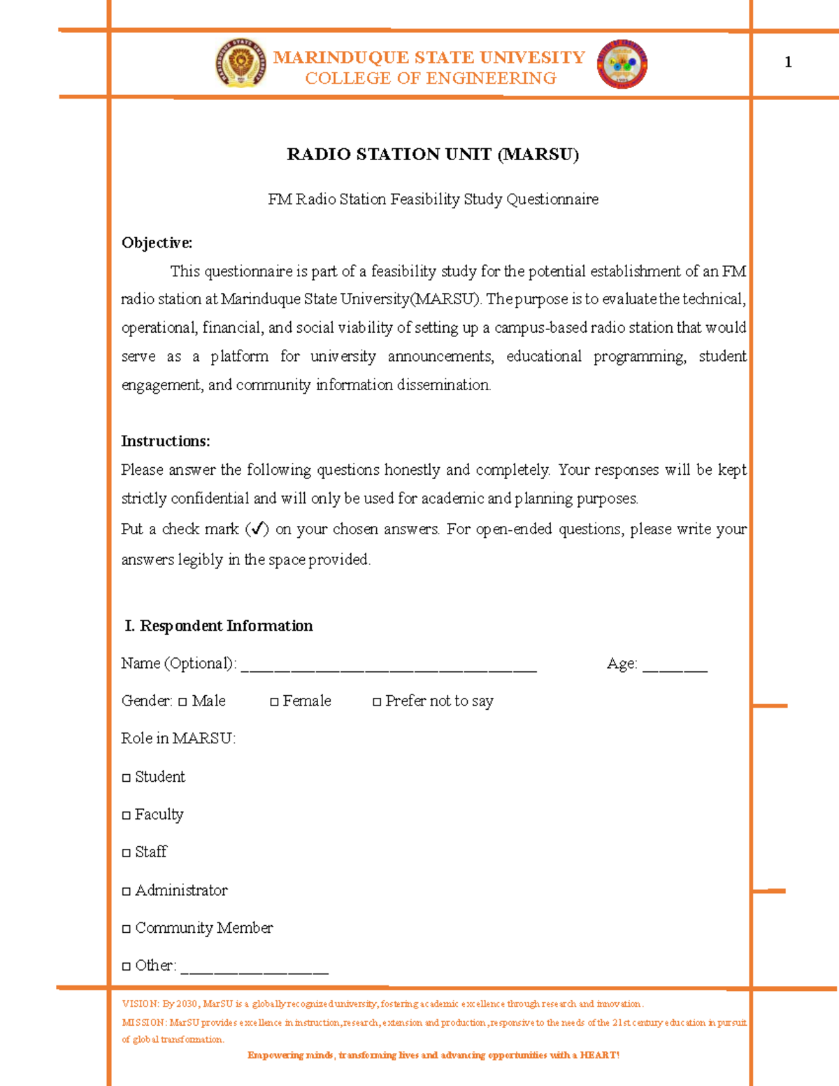 MARSU FM radio station feasibility study questionnaire and assessment ...
