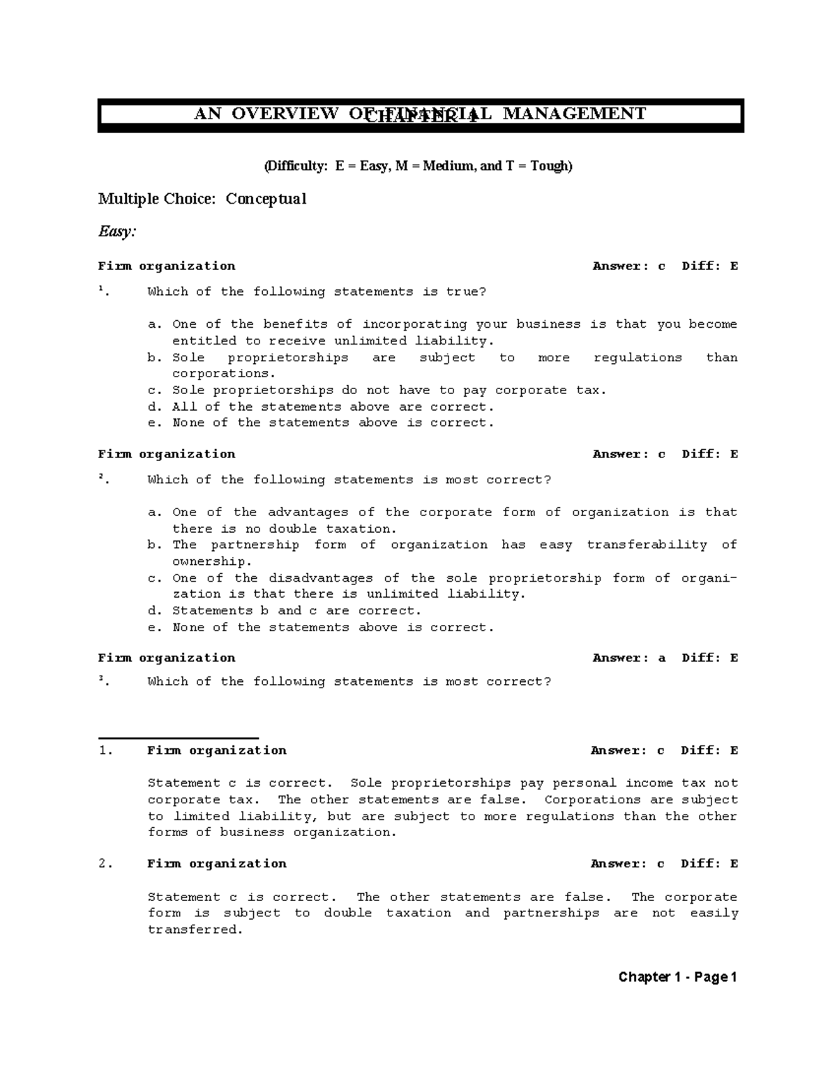 C1 - Quiz on Financial Management Concepts and Firm Organization - Studocu