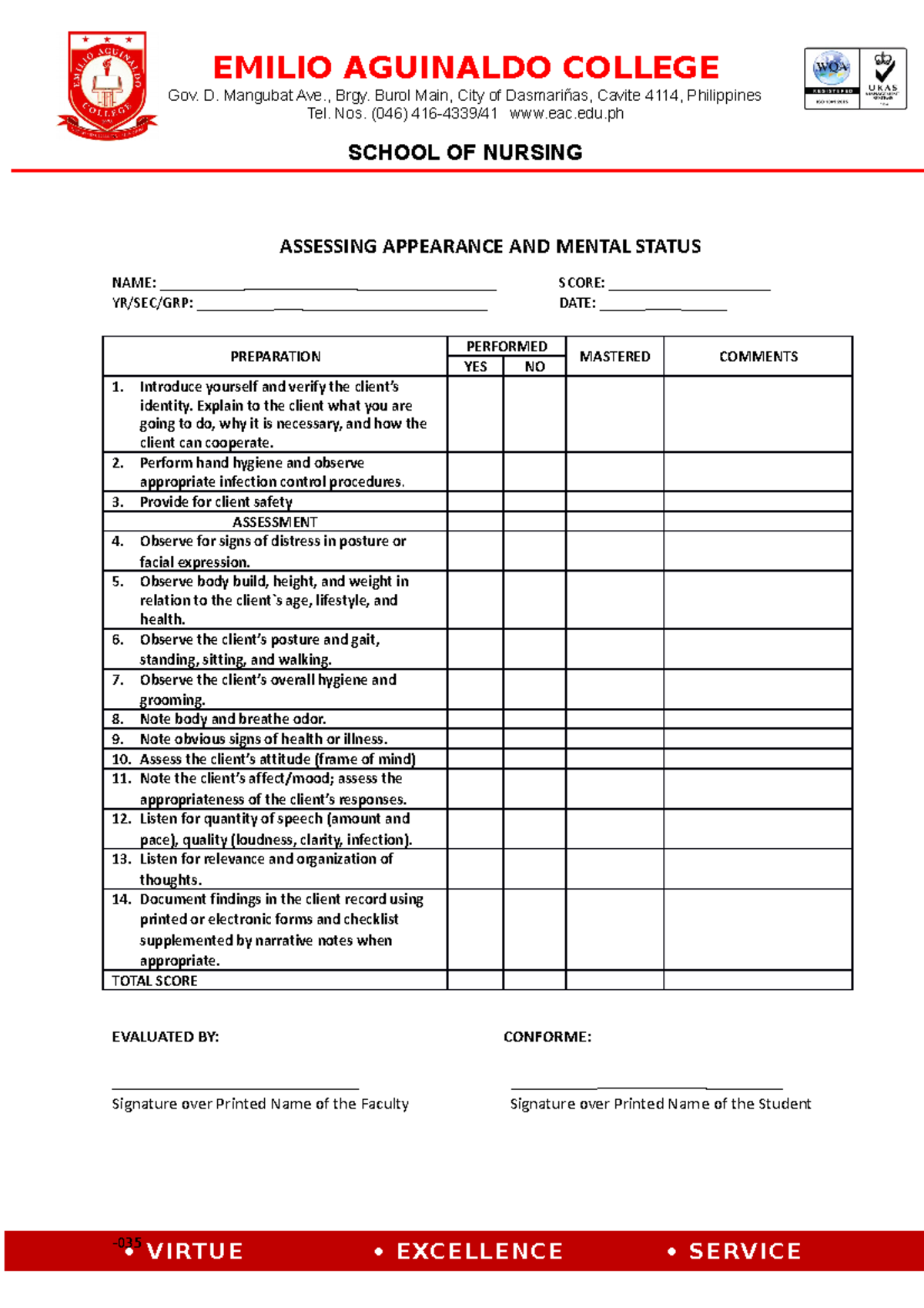 Assessing Appearance & Mental Status: Nursing Assessment Guide - Studocu