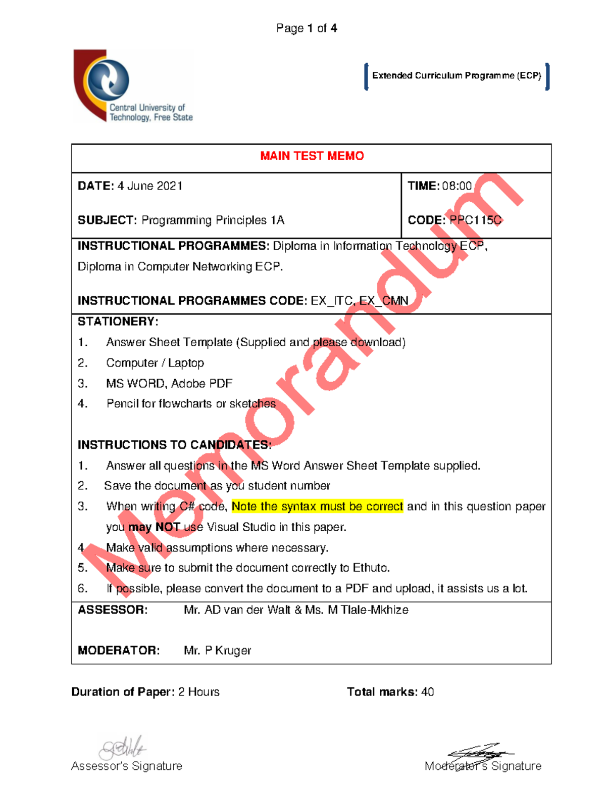 PPC115C Programming Principles 1A Main Test Memo 2021 - Studocu