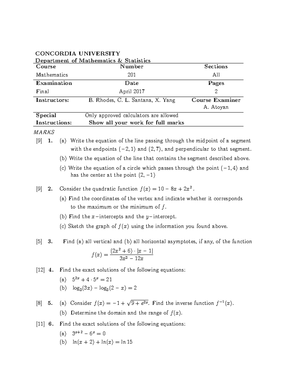 Math201 Final Exam Solutions April 2017 - Studocu