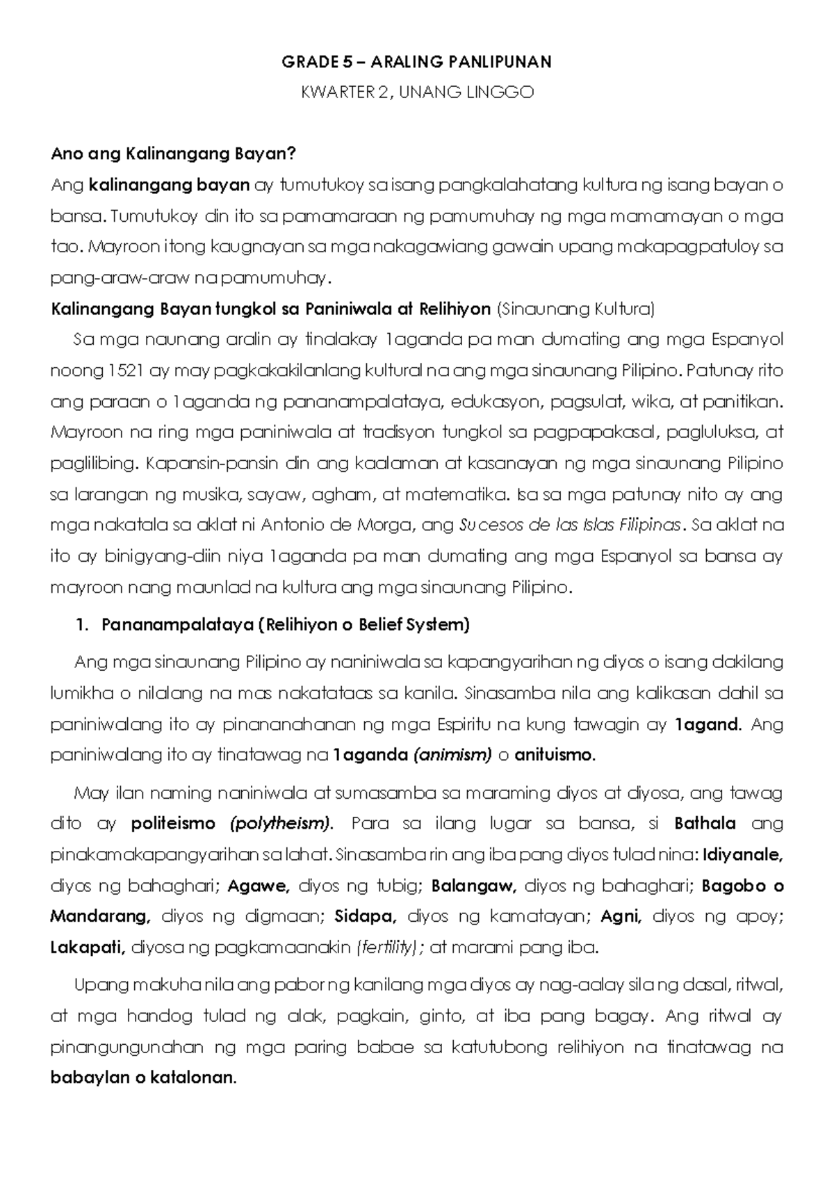 Grade 5 AP Kwarto 2: Linggo 1 - Kalinangang Bayan at Relihiyon - Studocu