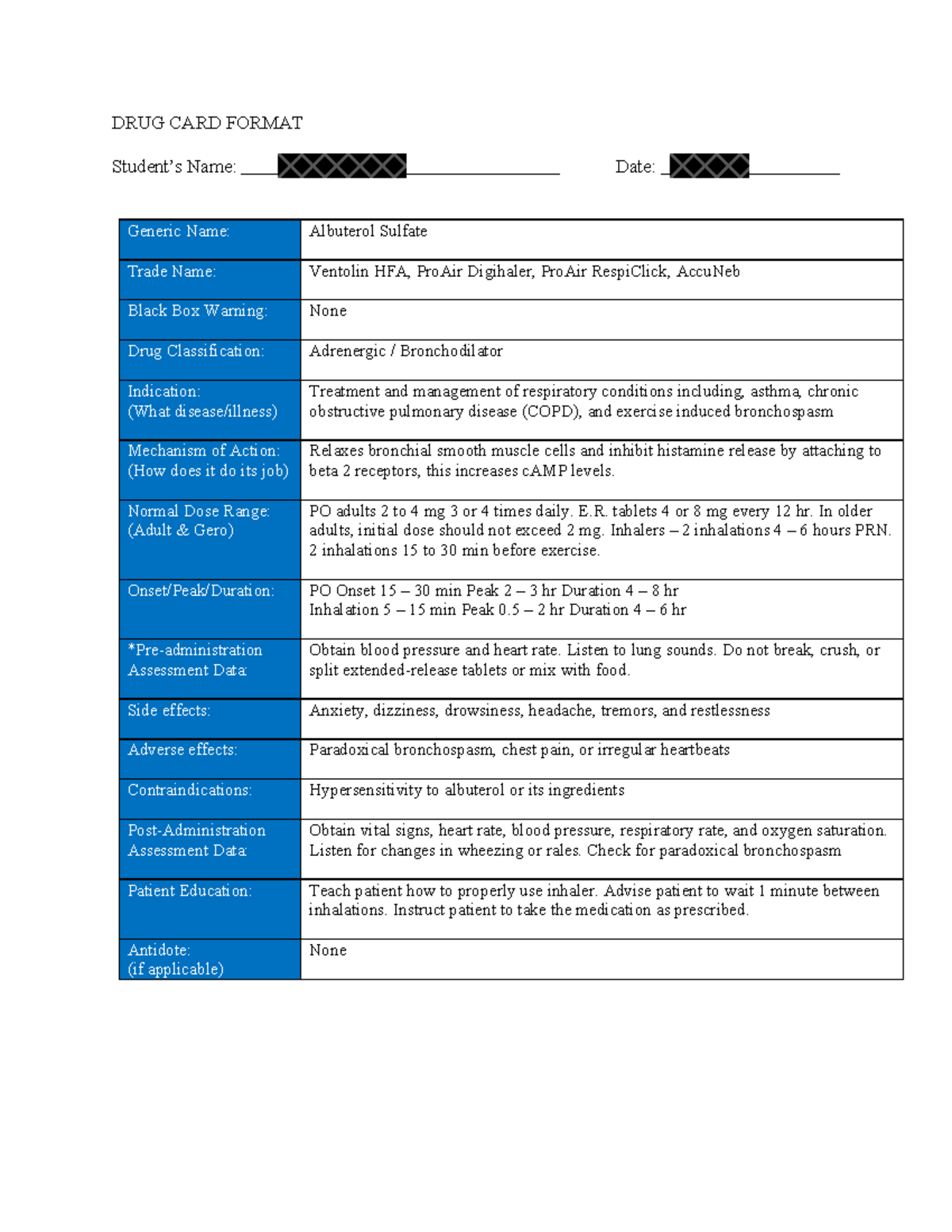 Albuterol Drug Card - Adrenergic Bronchodilator Overview - Studocu