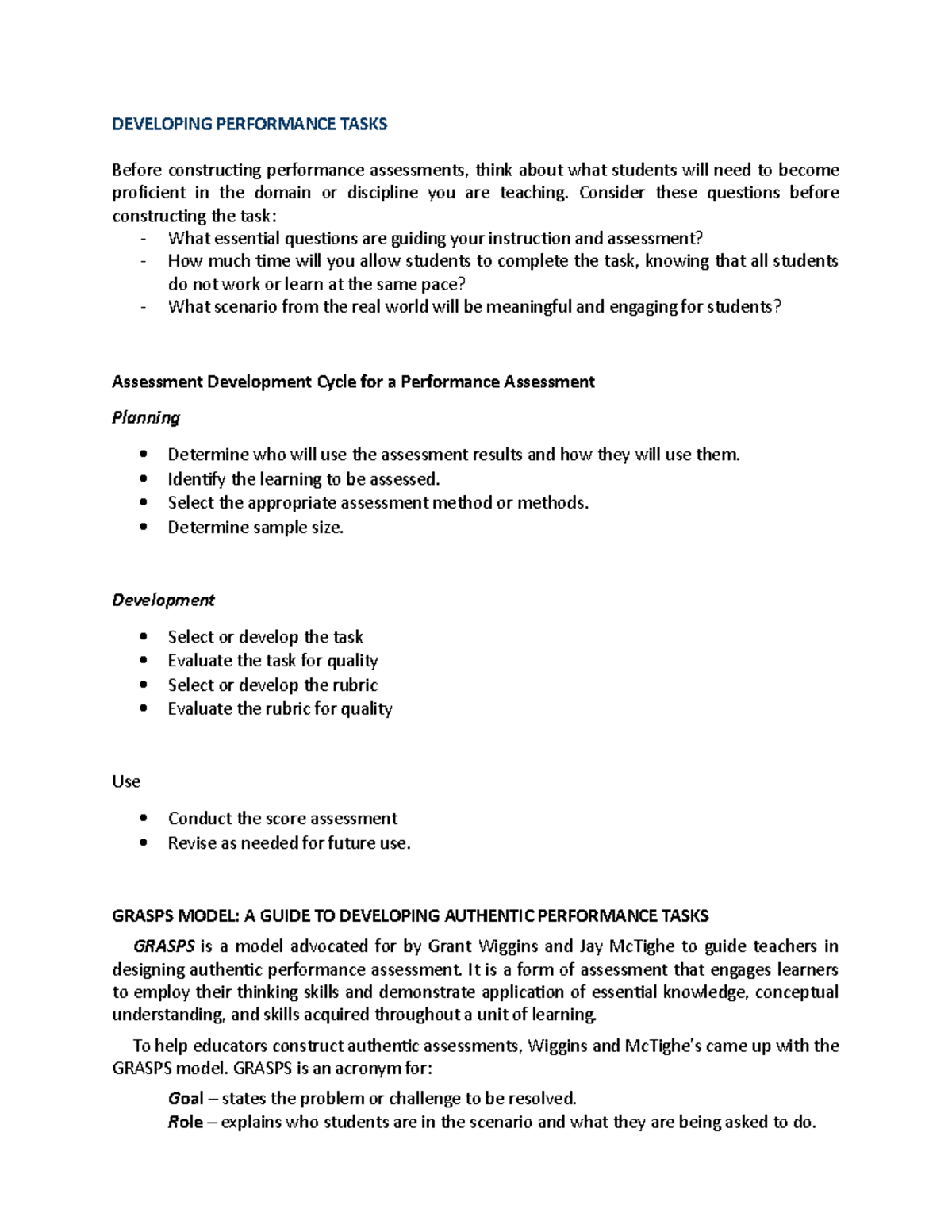 Developing Performance Task - Assessment in Learning 2 - Studocu