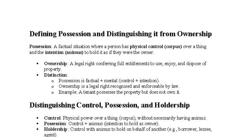 Possession vs. Ownership: Key Distinctions and Legal Insights - Studocu