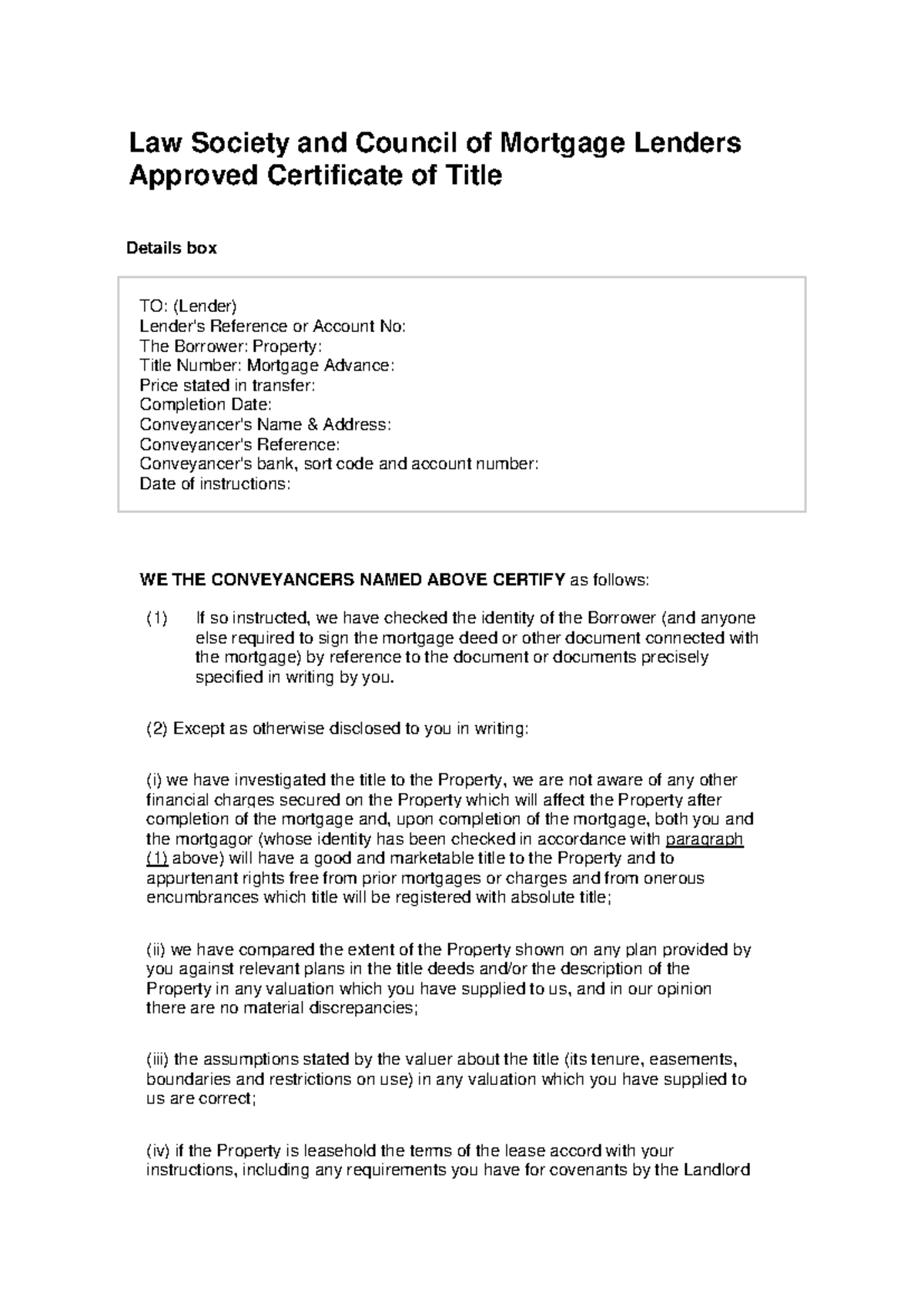Approved Certificate of Title for Mortgage Lenders - Legal Document ...