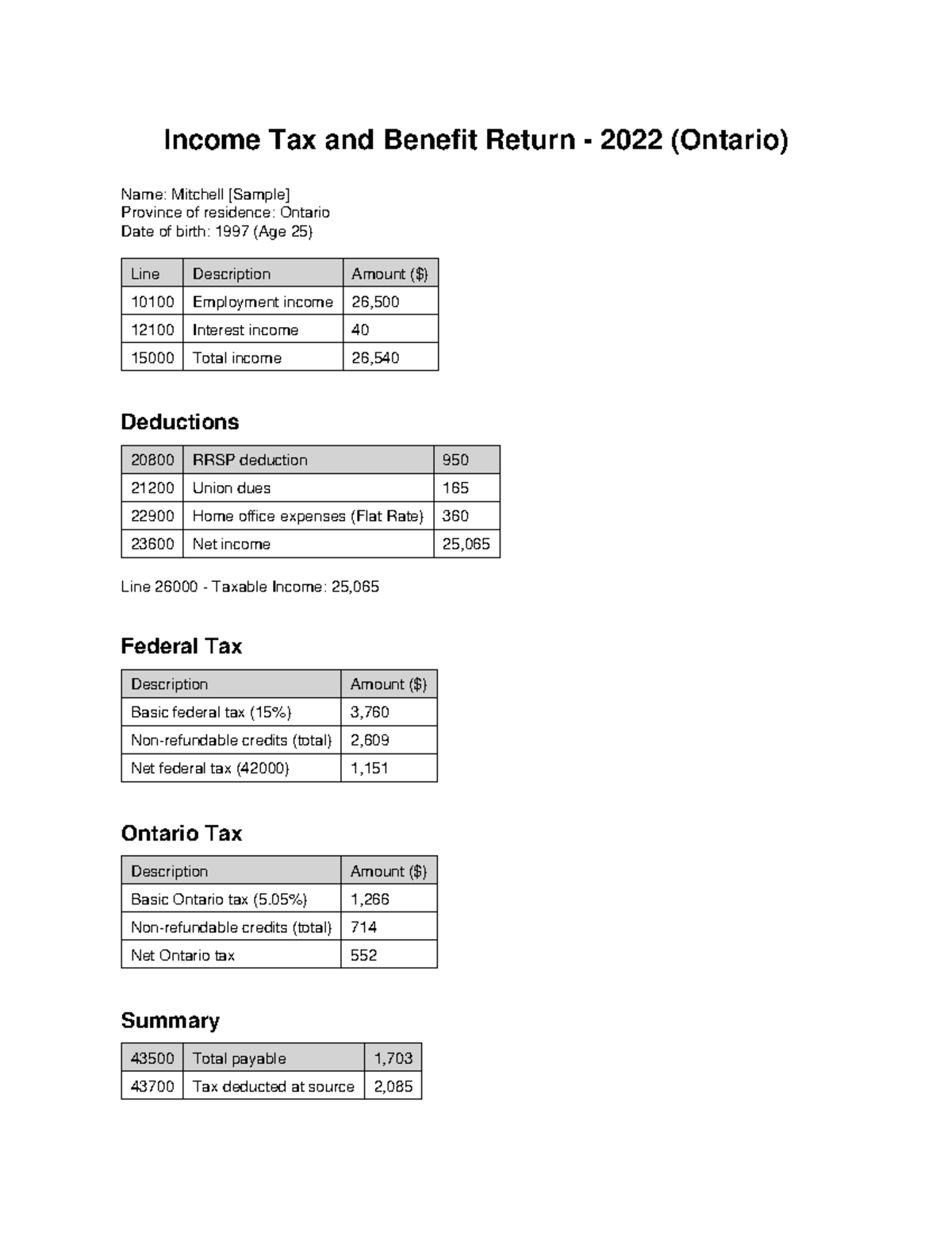 Mitchell T1 Income Tax Return 2022 (Ontario) Summary - Studocu