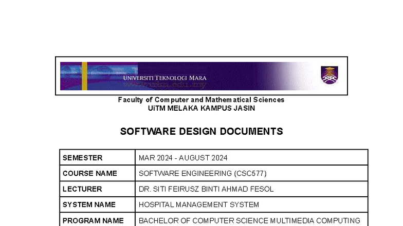 754346888 Software Design Documents 1 1 - Faculty of Computer and Mathematical Sciences UiTM ...