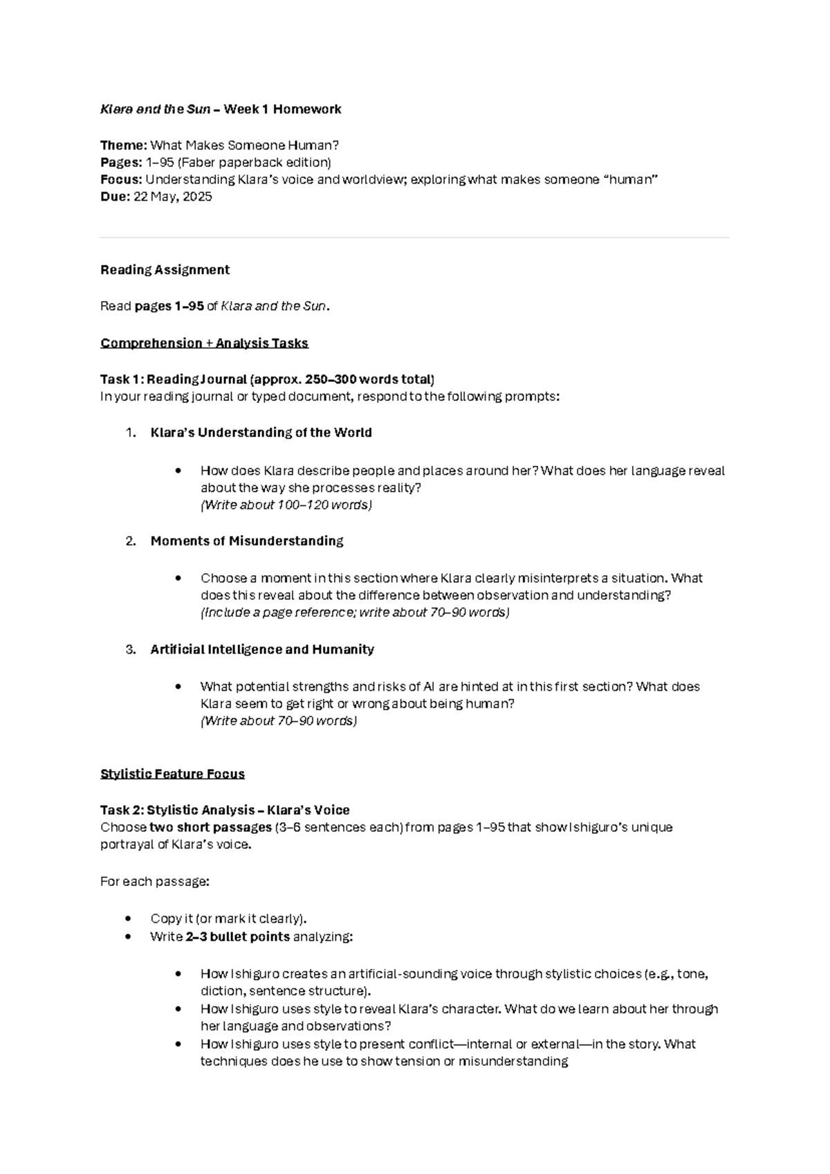 Klara and the Sun (Week 1) Homework: Exploring Humanity and Voice ...