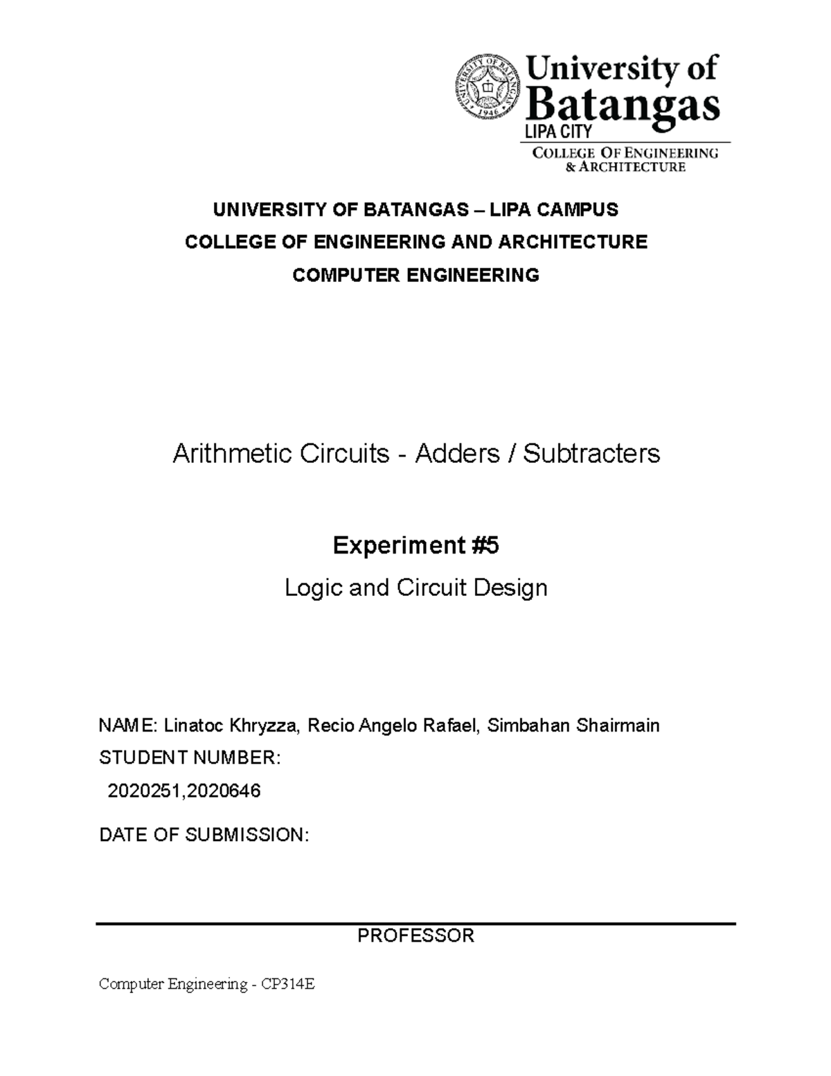 CP314E - Experiment 5: Logic Circuits with Adders/Subtracters - Studocu