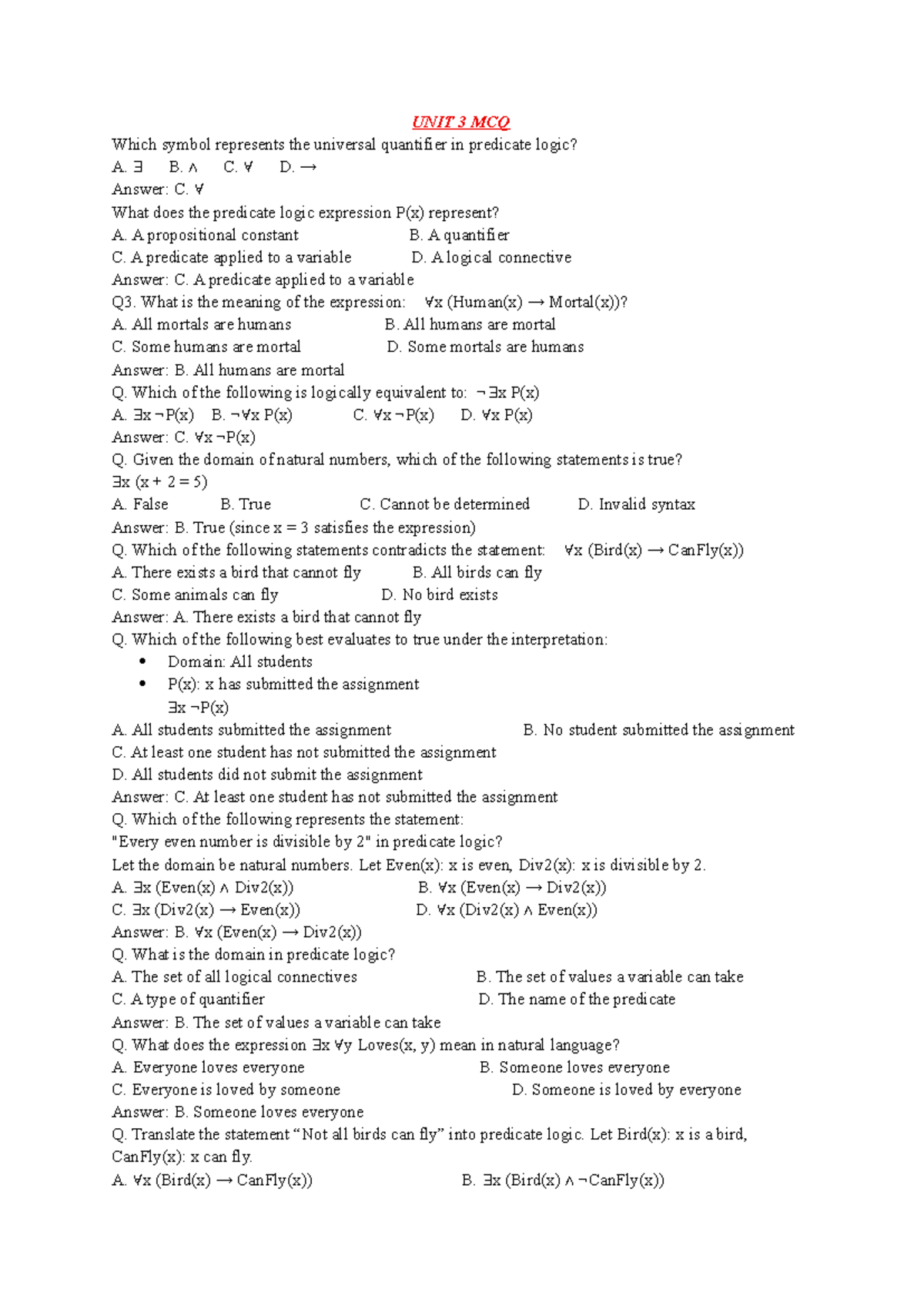 QB UNIT 3 & 4 MCQ and Descriptive Notes on Predicate Logic and ...