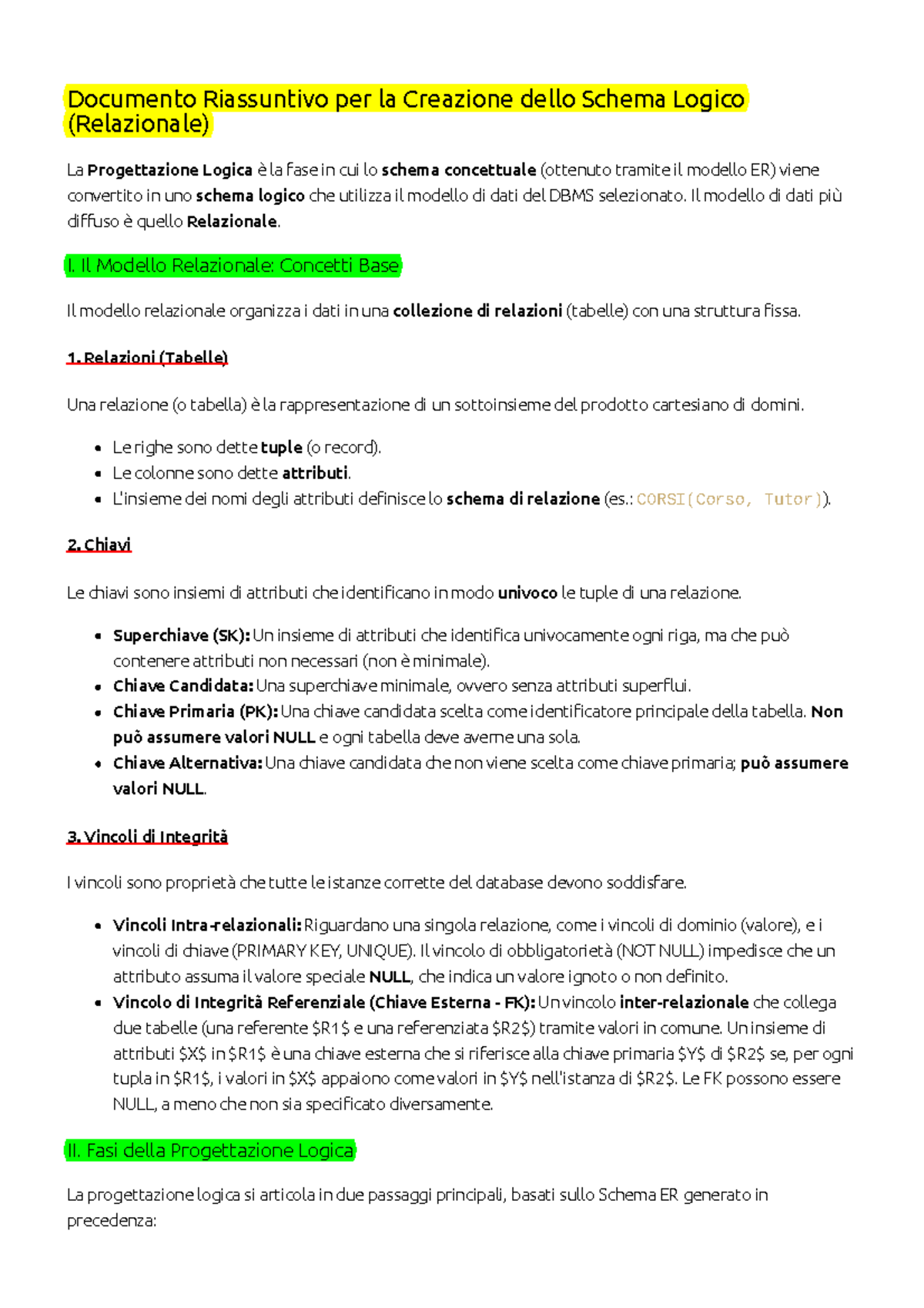 Schema Logico Relazionale: Riassunto e Progettazione (Corso DBMS) - Studocu