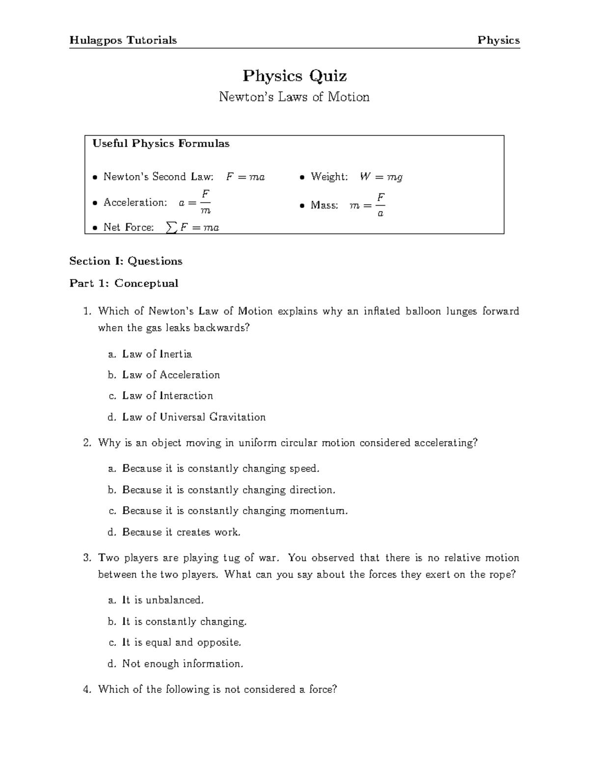 Law of Motion Quiz PHYS 101: Concepts & Problem Solving - Studocu