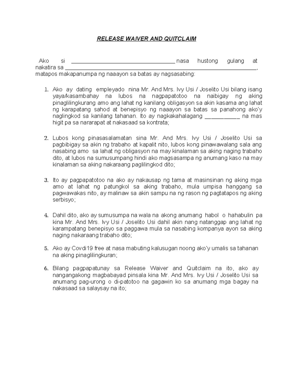 Release Waiver at Quitclaim Form para sa mga Empleyado - Studocu