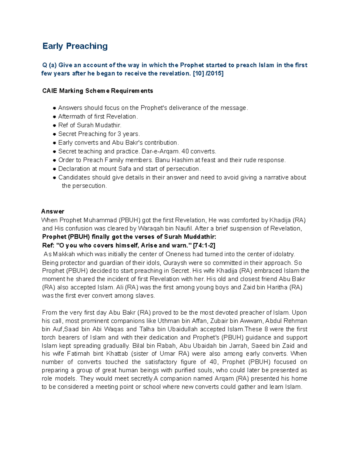 Early Preaching of Islam: A Model Answer (CAIE) - Studocu