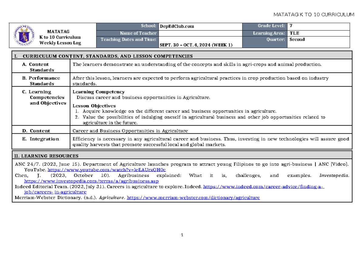 DLL Matatag TLE 7 Q2 W1 - Lesson Plan on Agri-Careers - Studocu