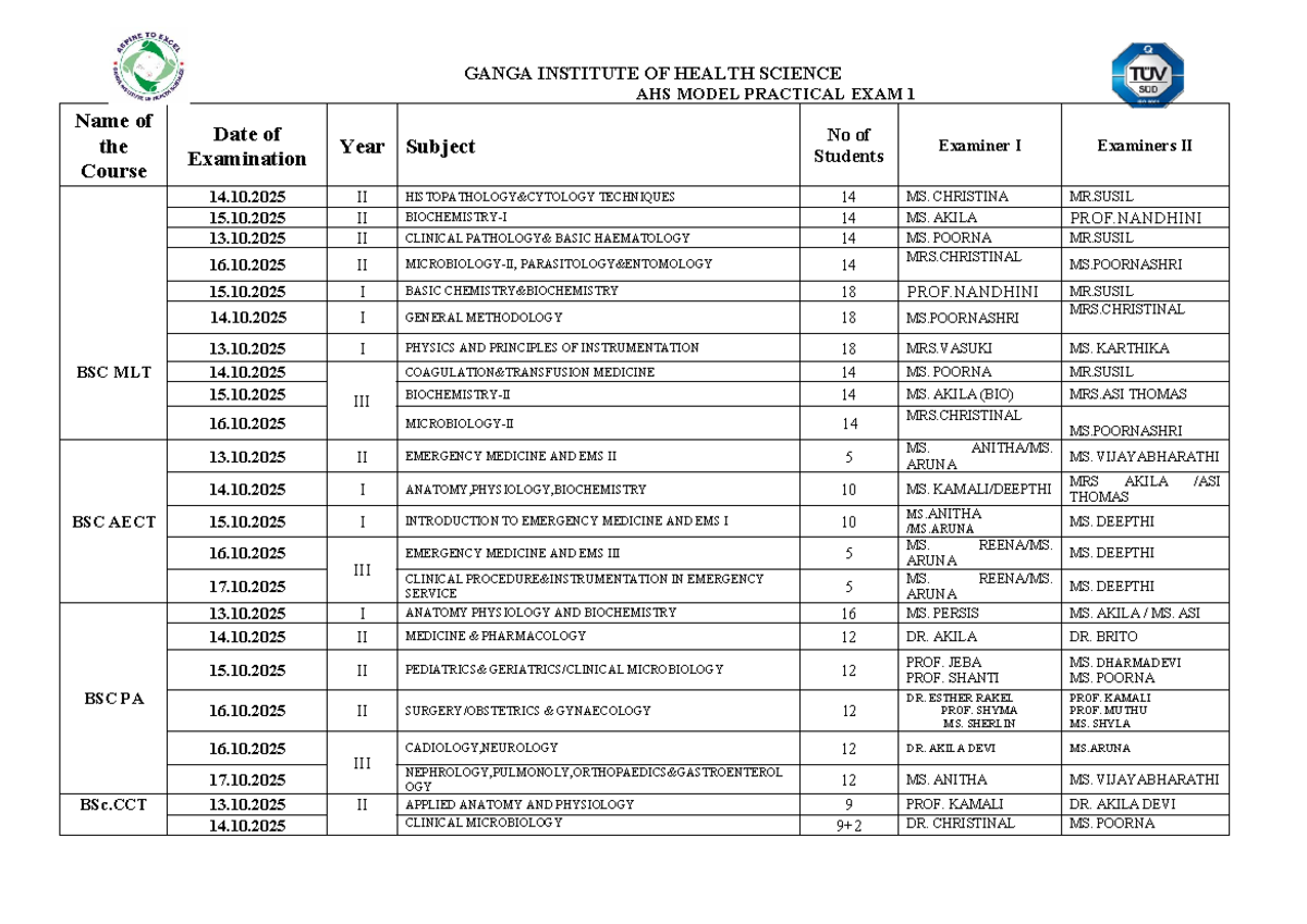 BSC MLT AHS Model Practical Exam 2025 - Ganga Institute - Studocu