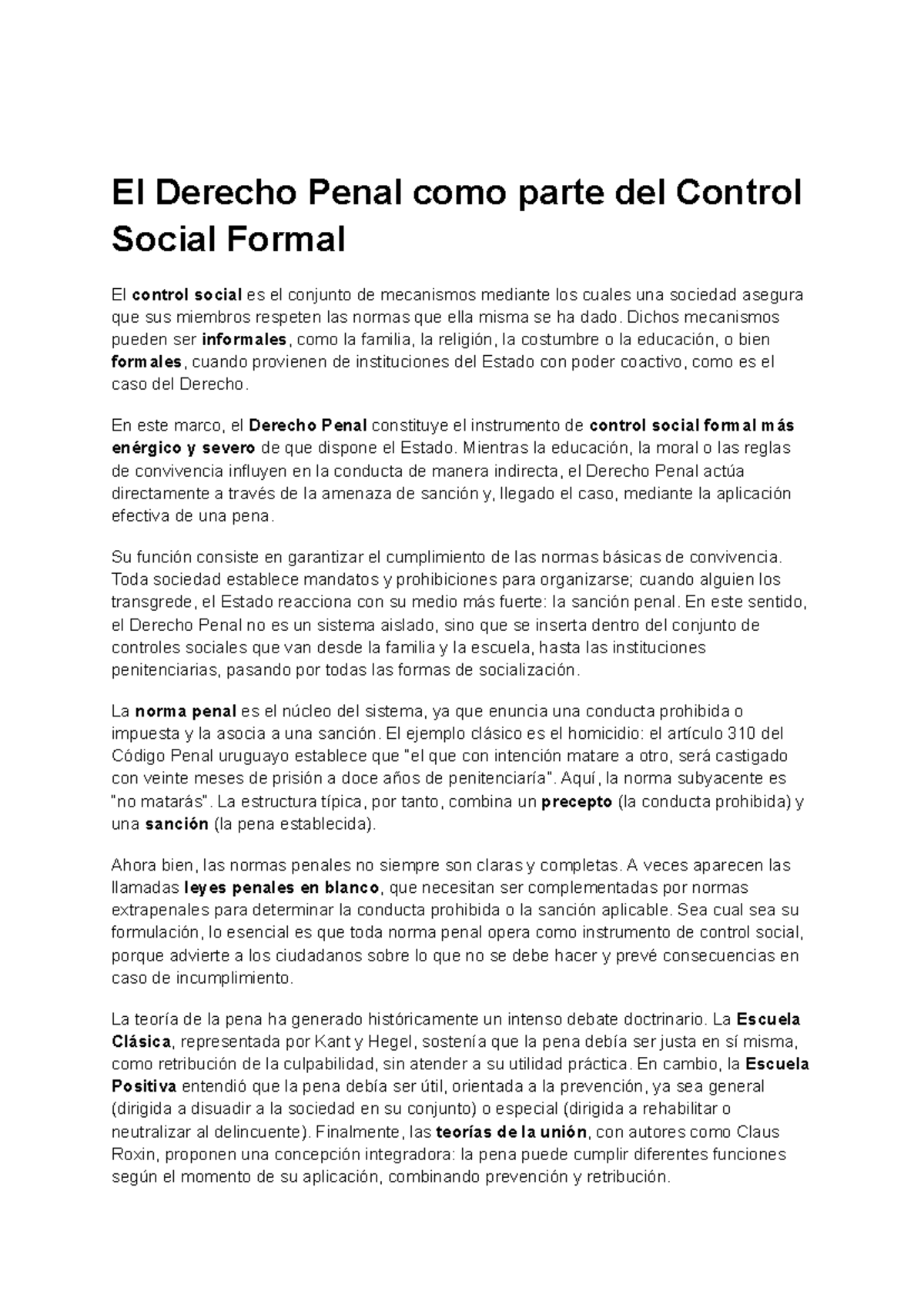 Introducción al Derecho Penal: Control Social Formal y Teorías - Studocu