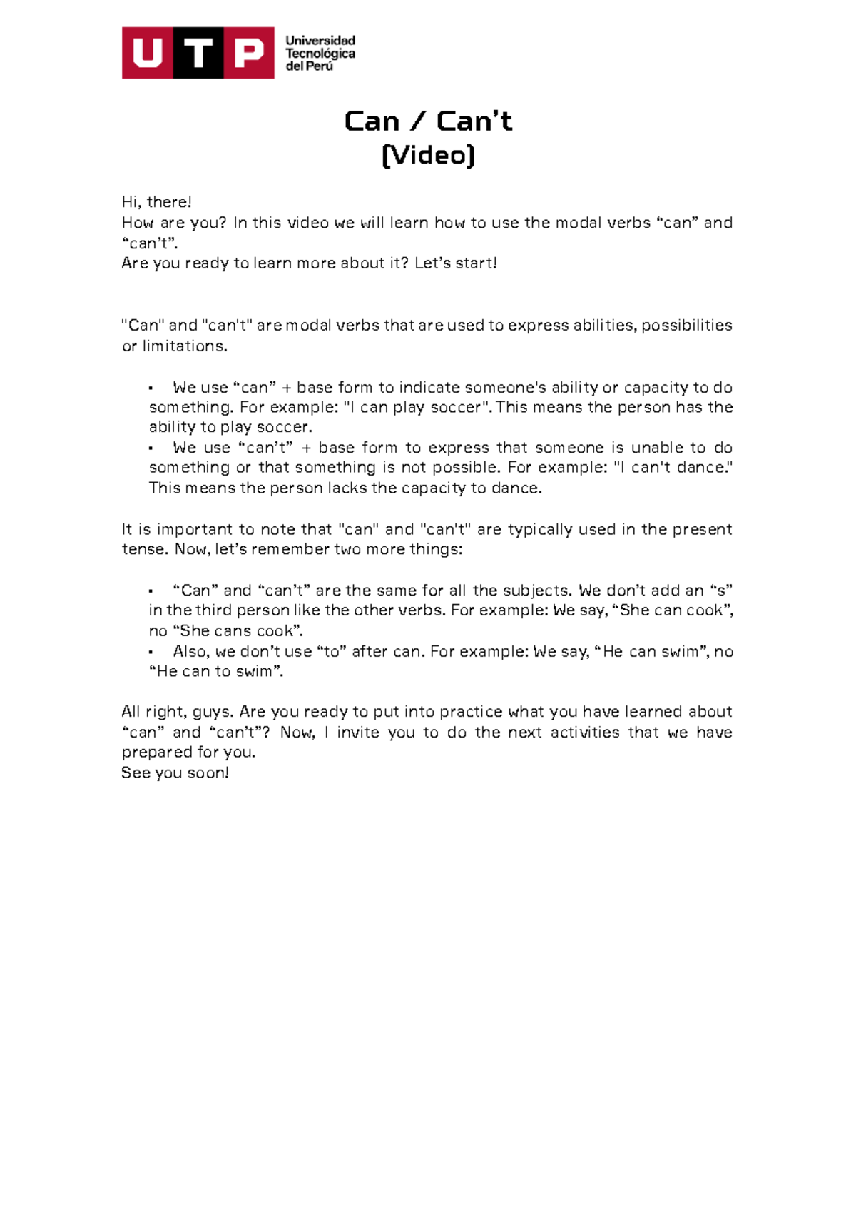 Week 16 - Modal Verbs: Understanding 'Can' and 'Cannot' - Studocu