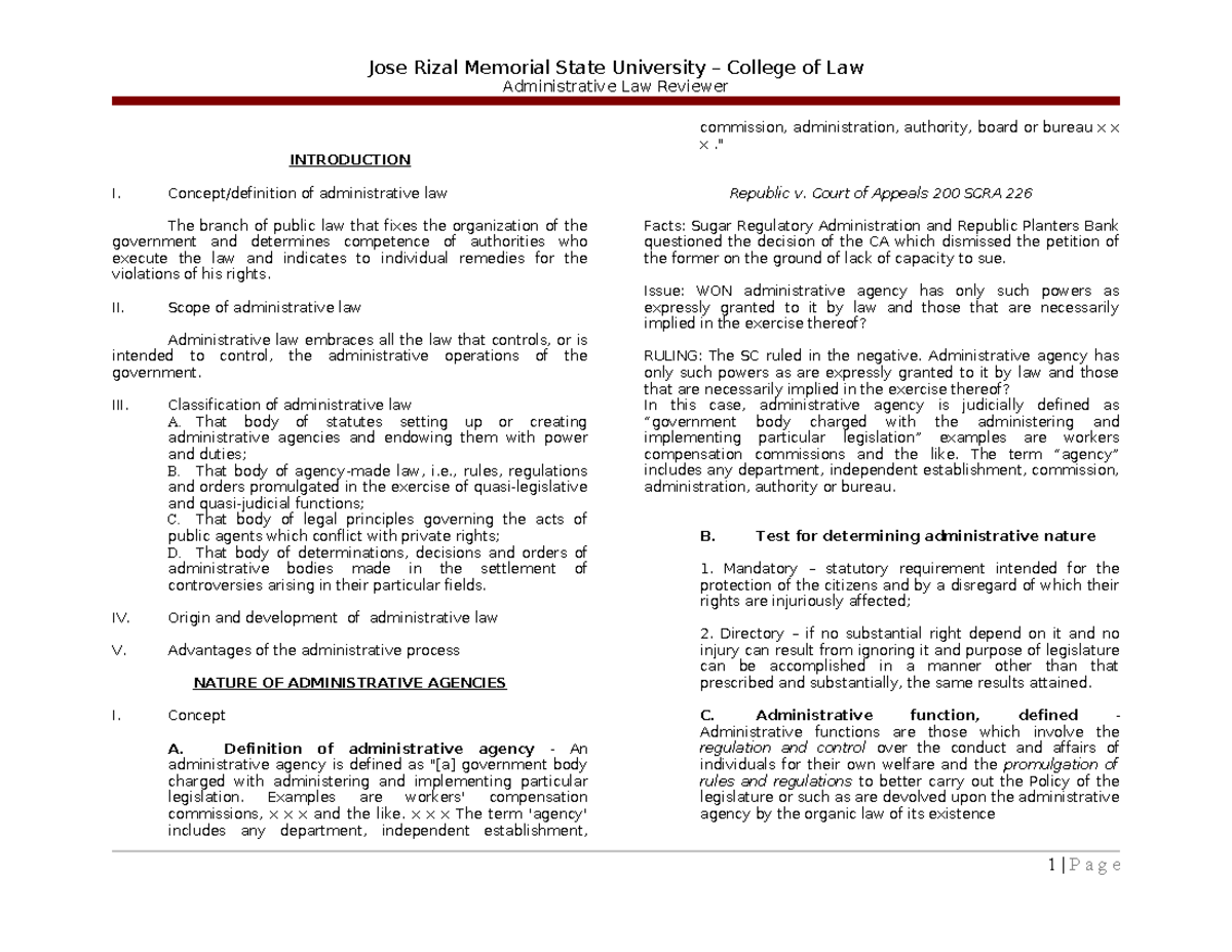 Admin Law Review: Concepts, Scope, and Agencies (Jrmsu) - Studocu