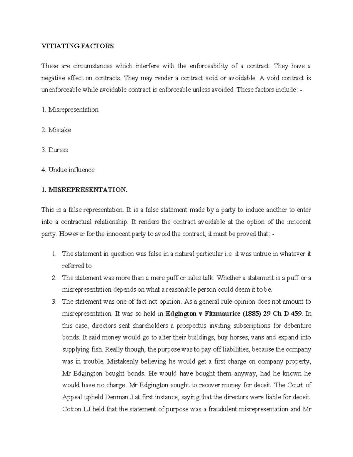 VITIATING FACTORS IN CONTRACT LAW: CLASS NOTES & EXAMPLES - Studocu