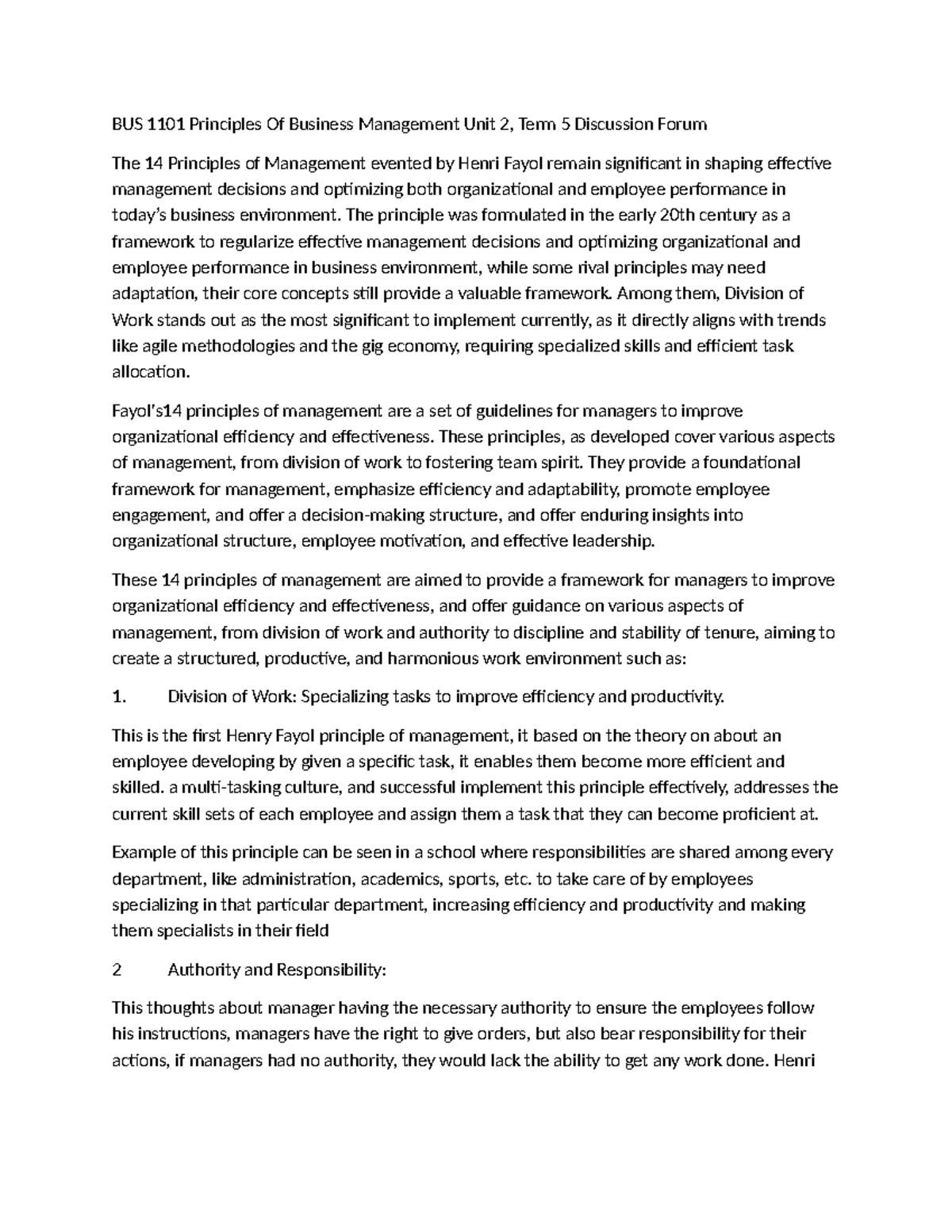 BUS 1101 Principles of Business Management Unit 2: 14 Management ...