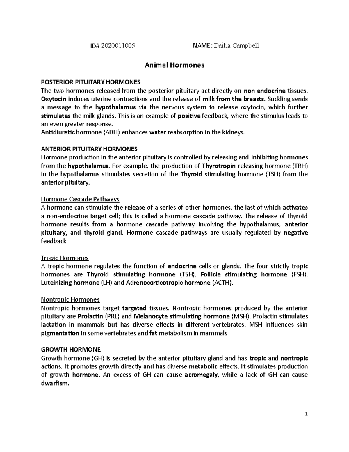 20. Animal Hormones - Worksheet/ Endocrine System - ID# 2020011009 NAME ...