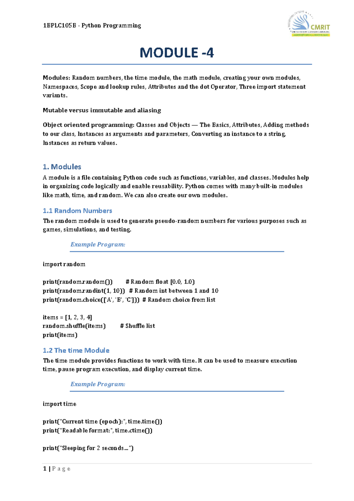 1BPLC105B Python Programming: Modules, OOP, and Random Numbers - Studocu