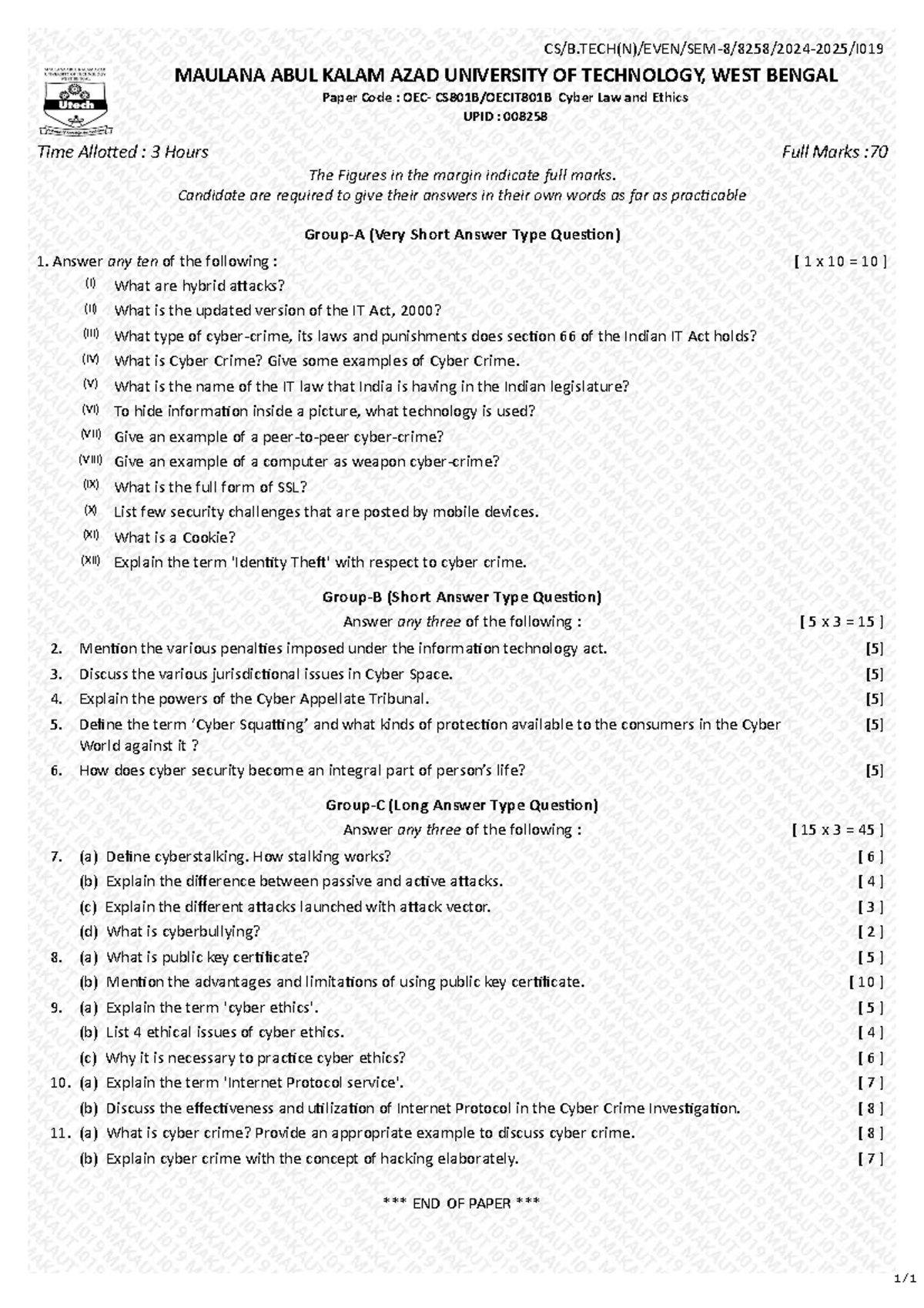 Cyber Law and Ethics Exam Questions - MAKAUT 2024-25 8th Sem - Studocu