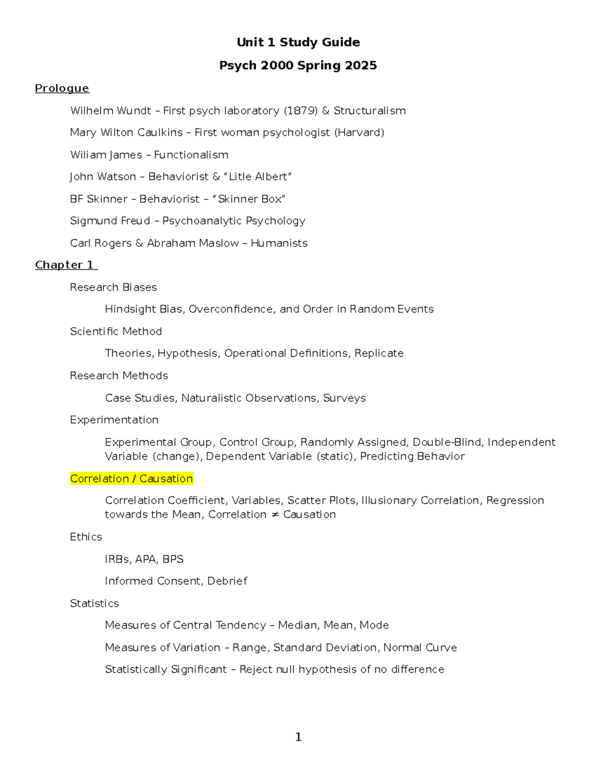 Psych 2000 Spring 2025: Unit 1 Study Guide on Psychology Foundations ...