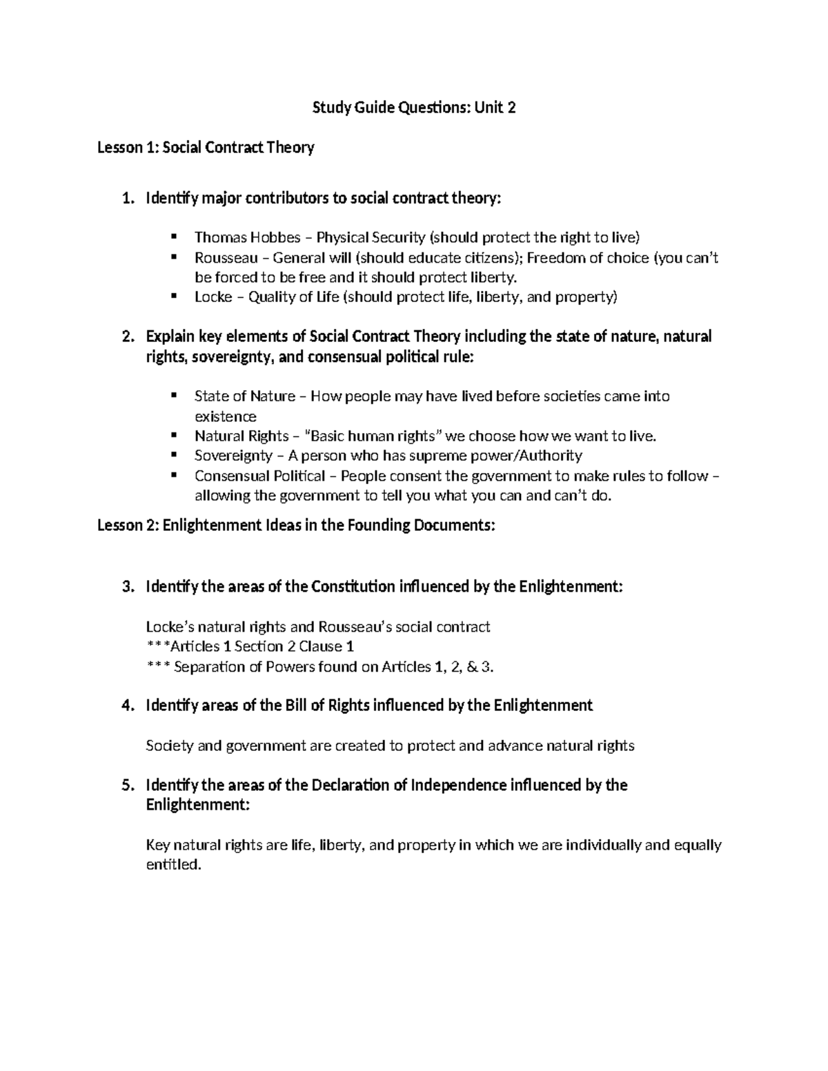 Unit 2 Study Guide: Social Contract Theory & Enlightenment Ideas - Studocu
