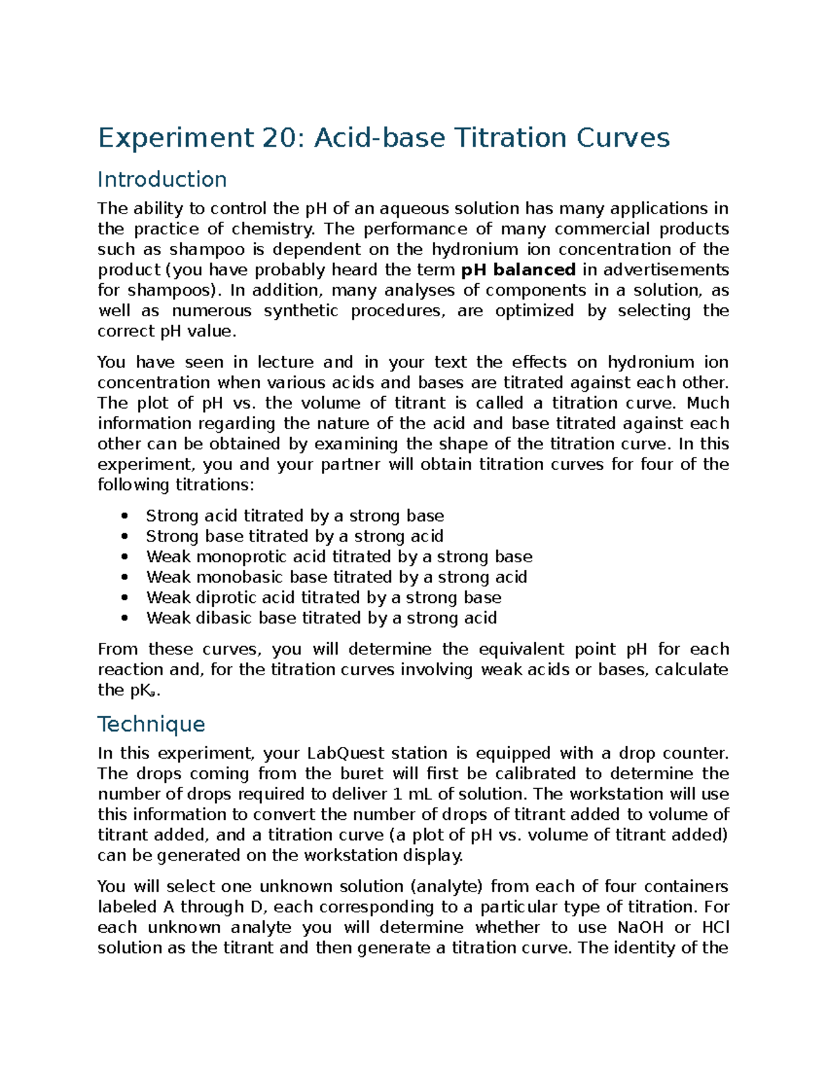 Experiment 20: Acid-Base Titration Curves Analysis and Results - Studocu
