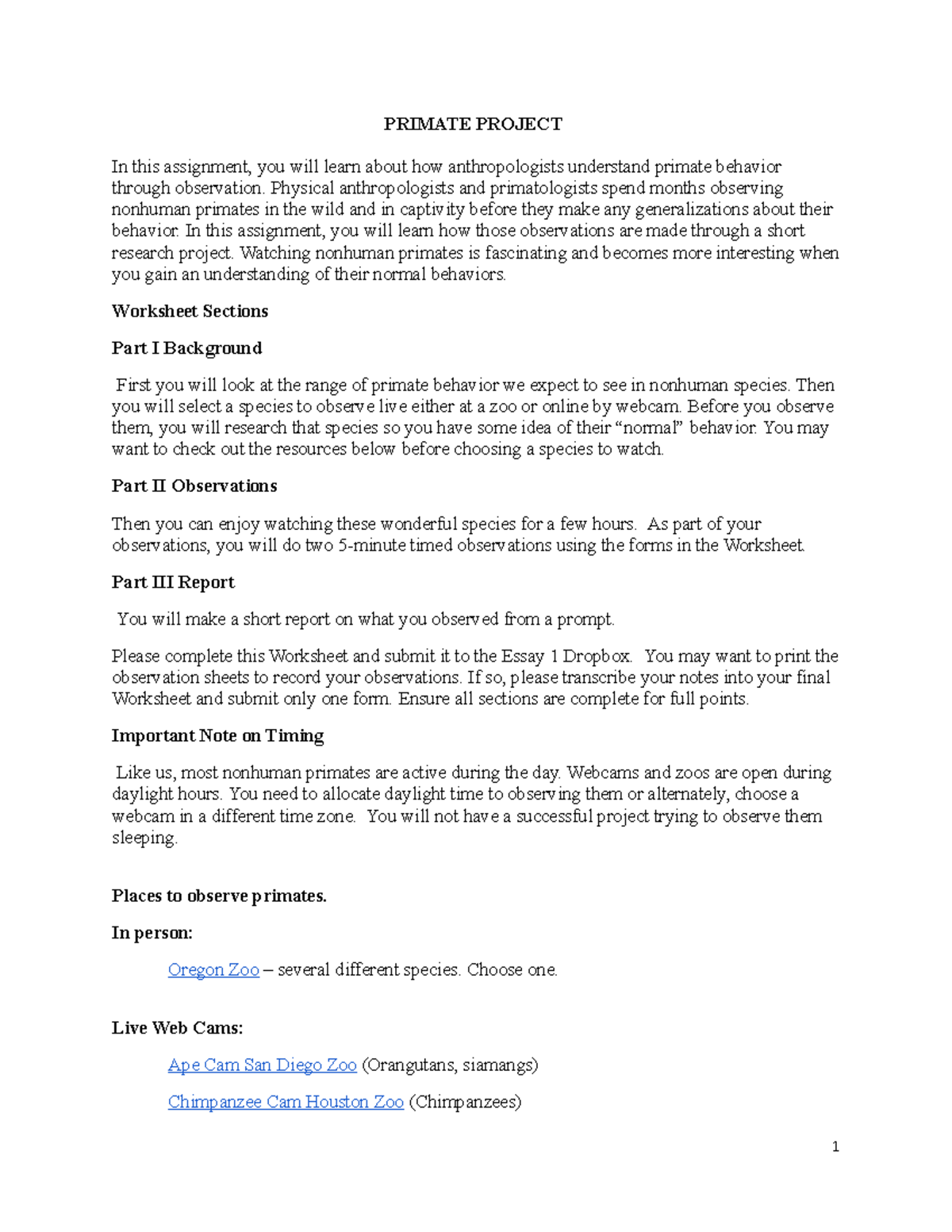 Primate Behavior Study Worksheet: Observational Project Guidelines ...