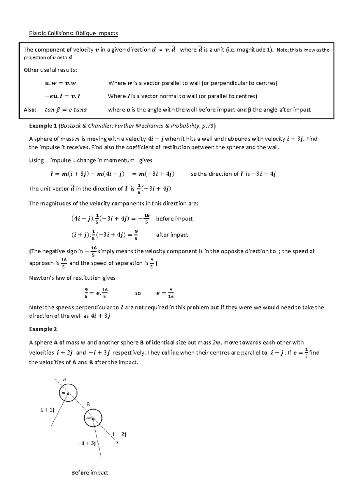 Oblique Impacts: Elastic Collisions Notes & Examples (FM1) - Studocu