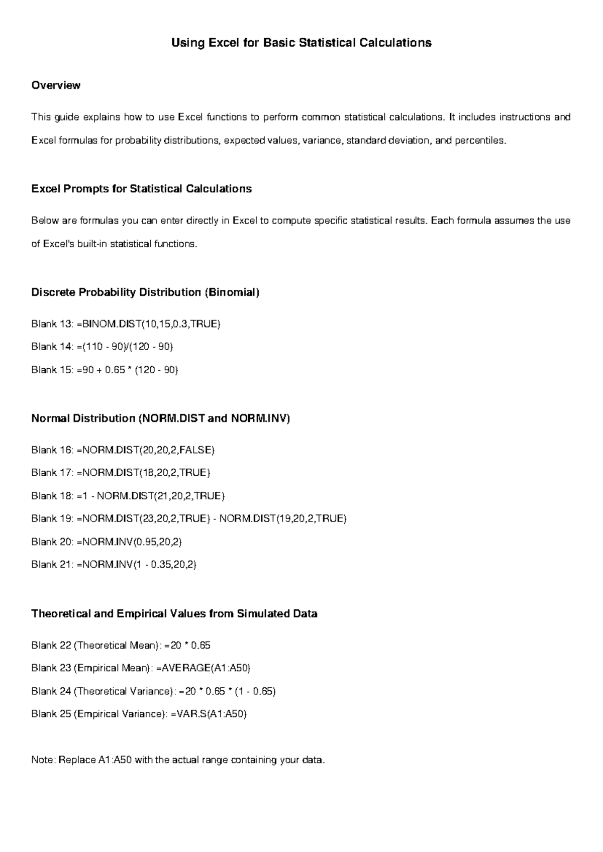 Excel Statistics Guide: Basic Statistical Calculations Overview - Studocu