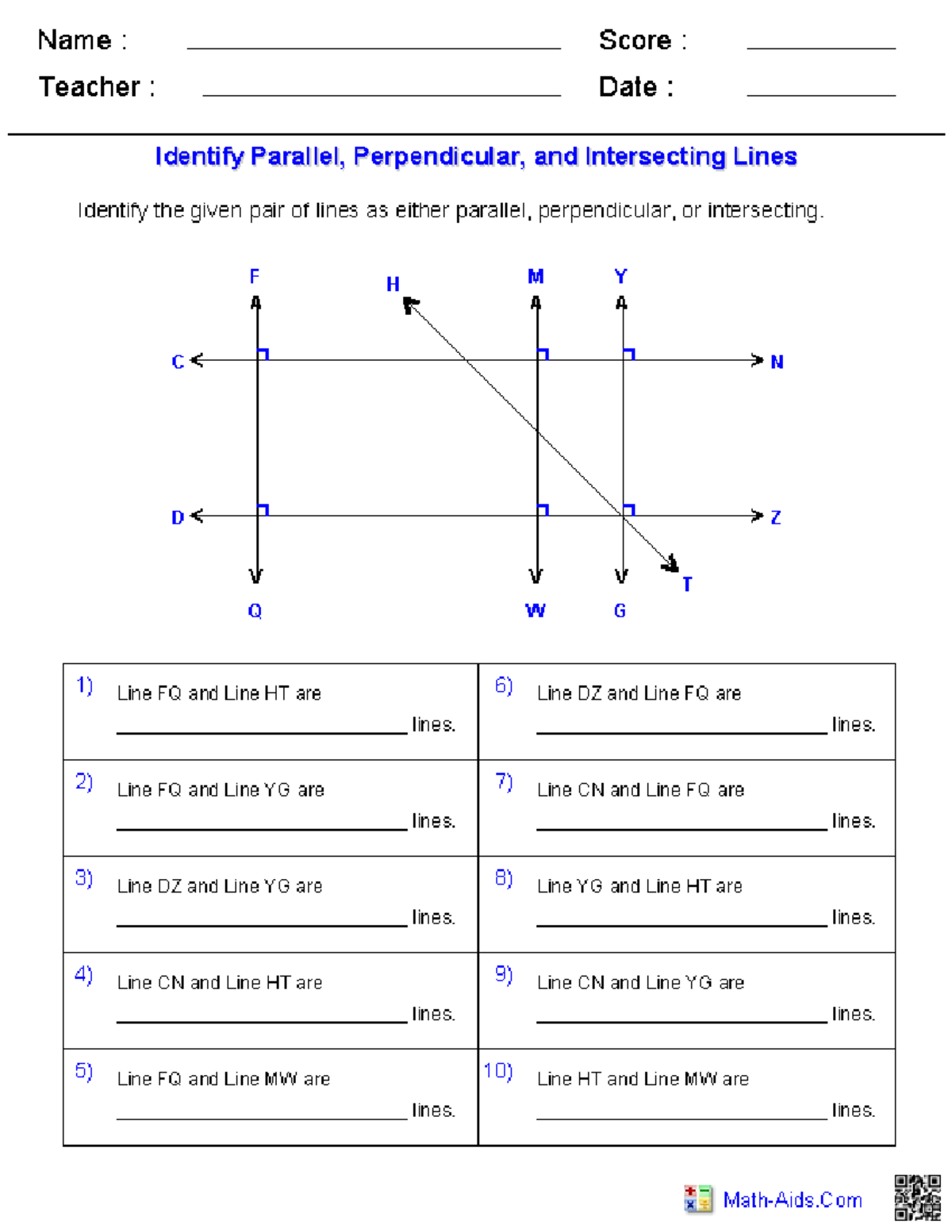Id parallel perpendicular intersecting lines - Name : Score : Teacher ...