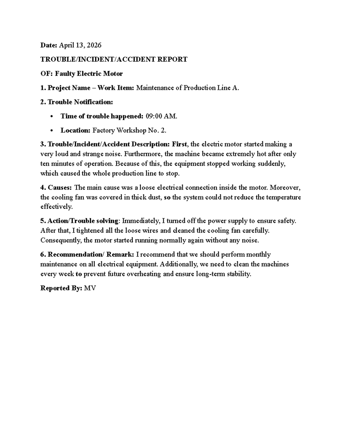 Unit 9 Writing: Report on Faulty Electric Motor Maintenance - Studocu