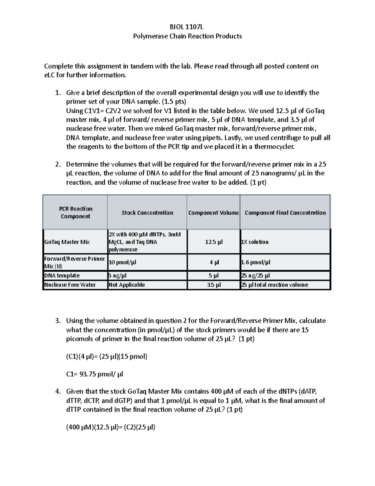 1107L Polymerase chain reaction - BIOL 1107L Polymerase Chain Reaction ...