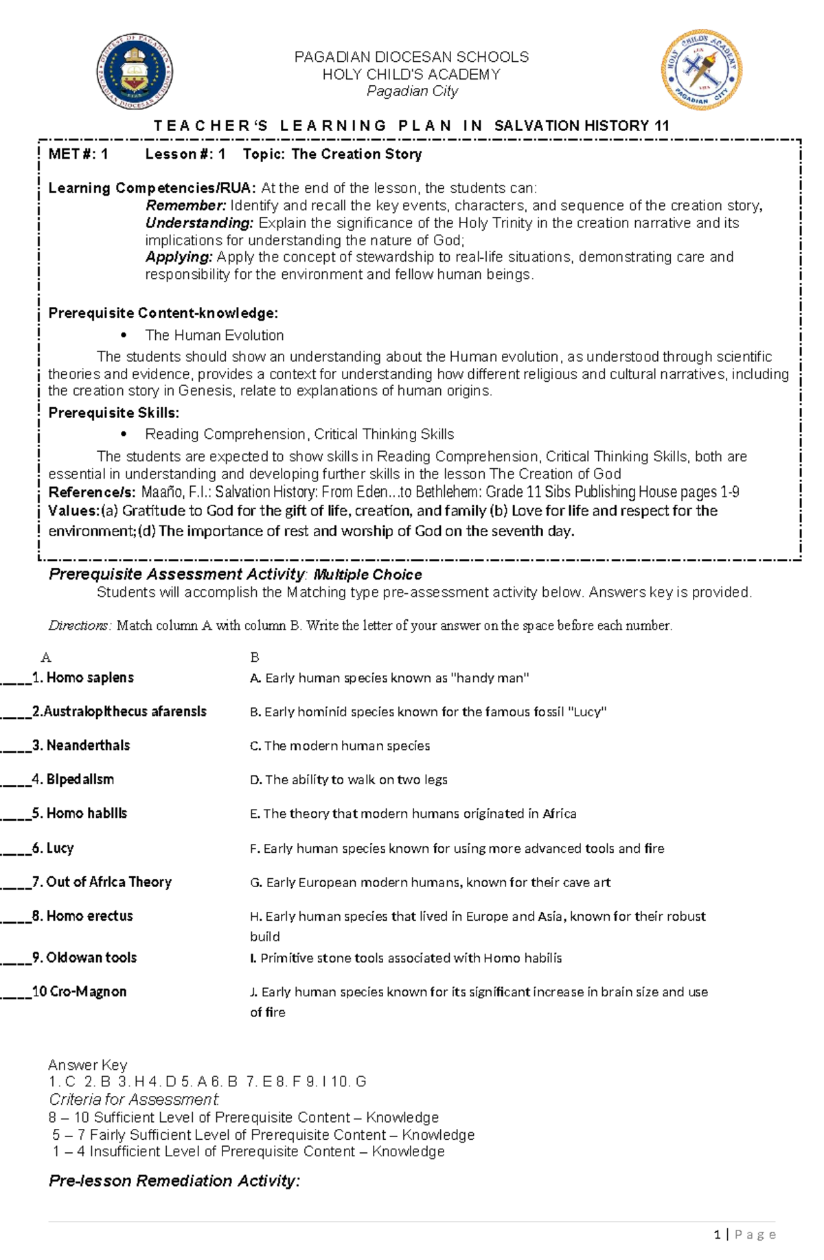 G11 - LP1R - Teacher Learning Plan: Creation Story in Salvation History ...