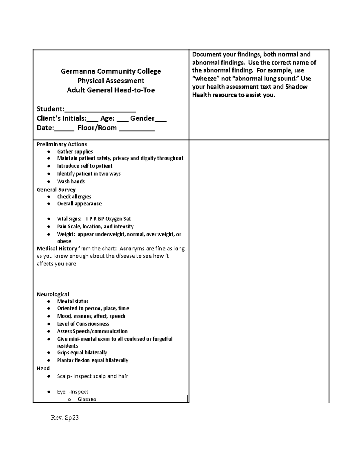 GCC NUR 101 Adult Head-to-Toe Physical Assessment Guide Sp23 - Studocu