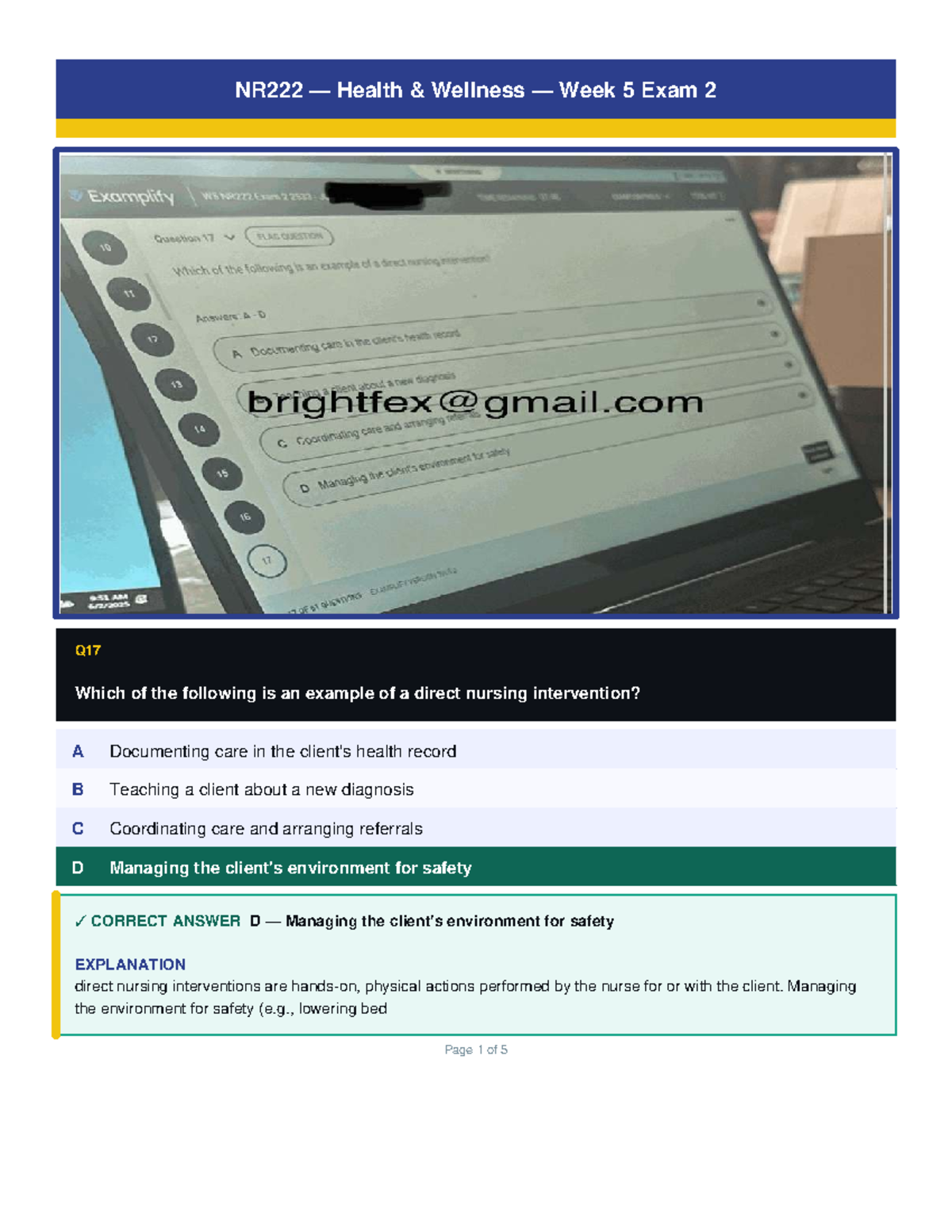 NR222 Week 5 Exam 2 Questions and Answers on Nursing Interventions ...