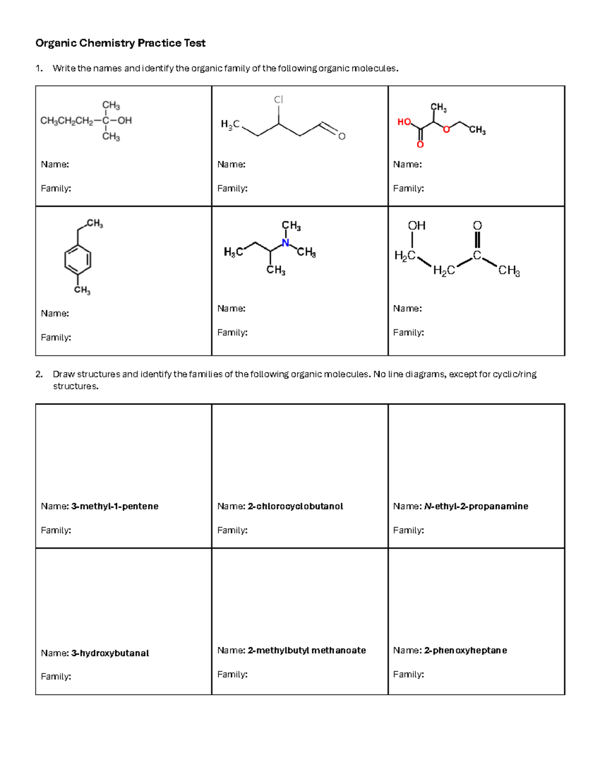 Organic Chemistry Practice Test 1: Naming & Families of Molecules - Studocu