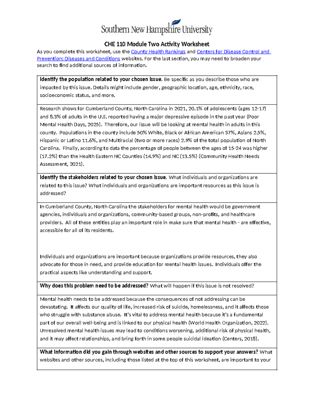 CHE 110 Module Two Activity: Mental Health in Cumberland County - Studocu