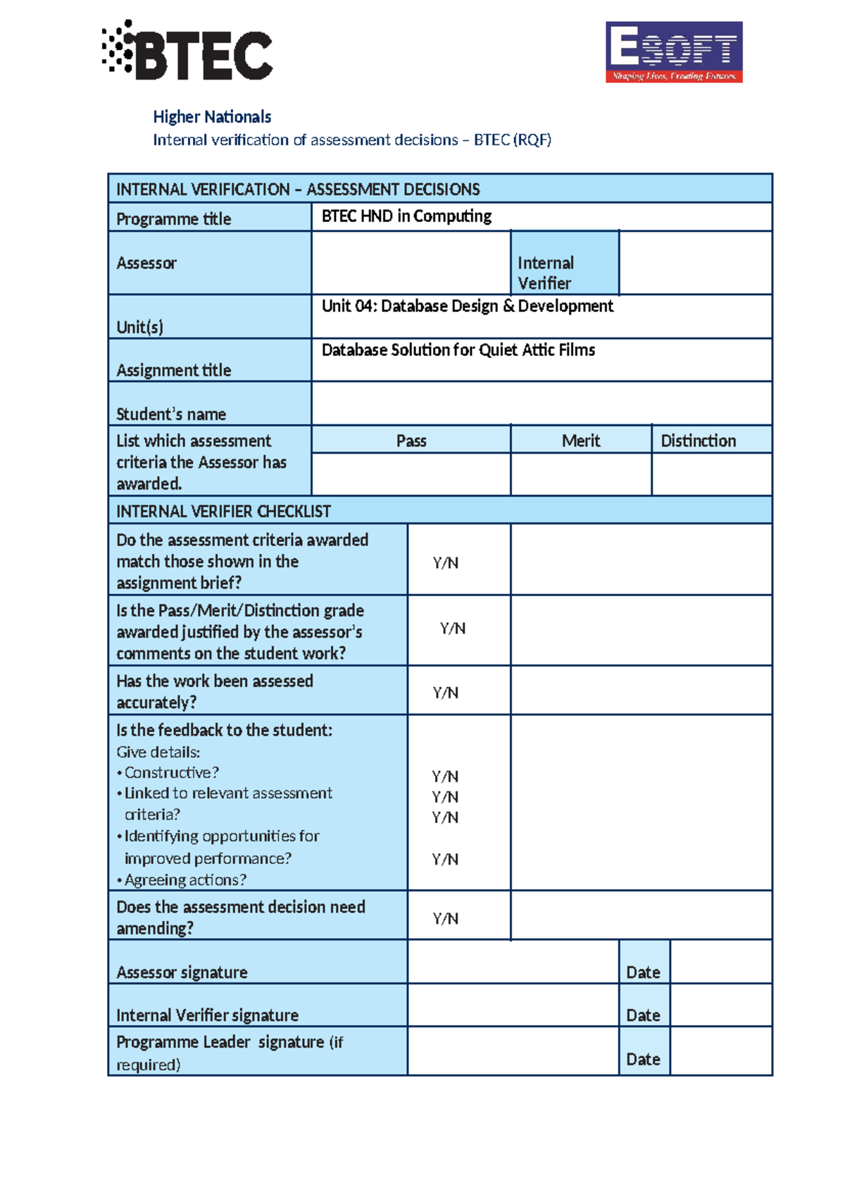 BTEC HND Computing: Assignment 01 - Database Design & Development - Studocu
